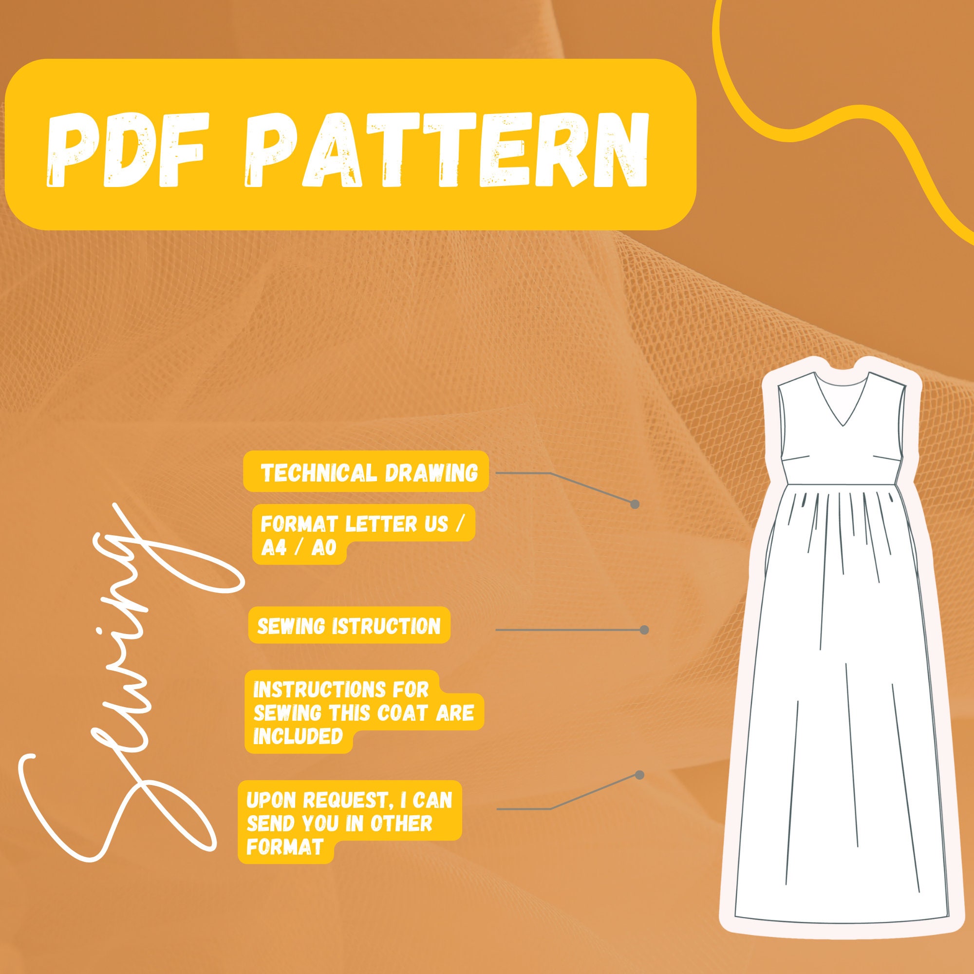Long Linen Dress, PDF Sewing Pattern, Gathering Skirt, Pockets Dress ...