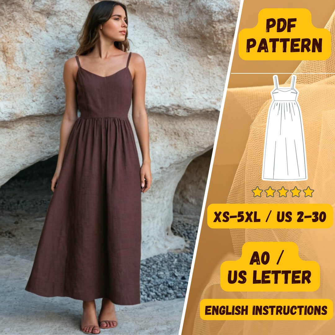 Linen Maxi Dress Sewing Pattern, Sleeveless Summer Dress With Pockets ...