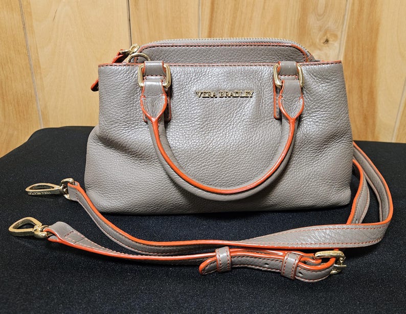 Vera Bradley Grey Pebble Grain Satchel Red Pipeing Crossbody Adjustable ...