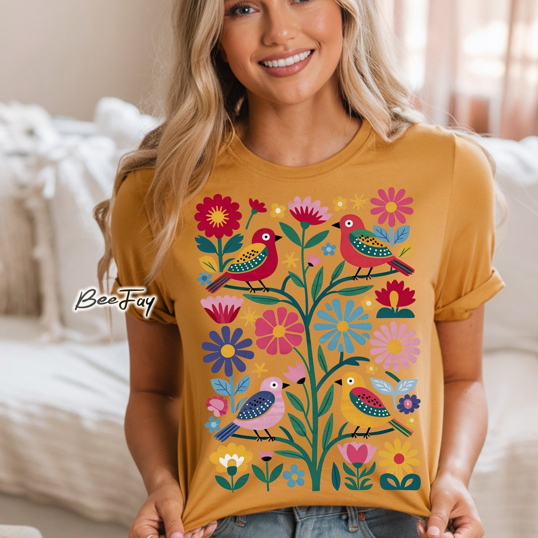Cottagecore Birds and Flowers Shirt Design PNG Folk Art Scandi Art Tote ...