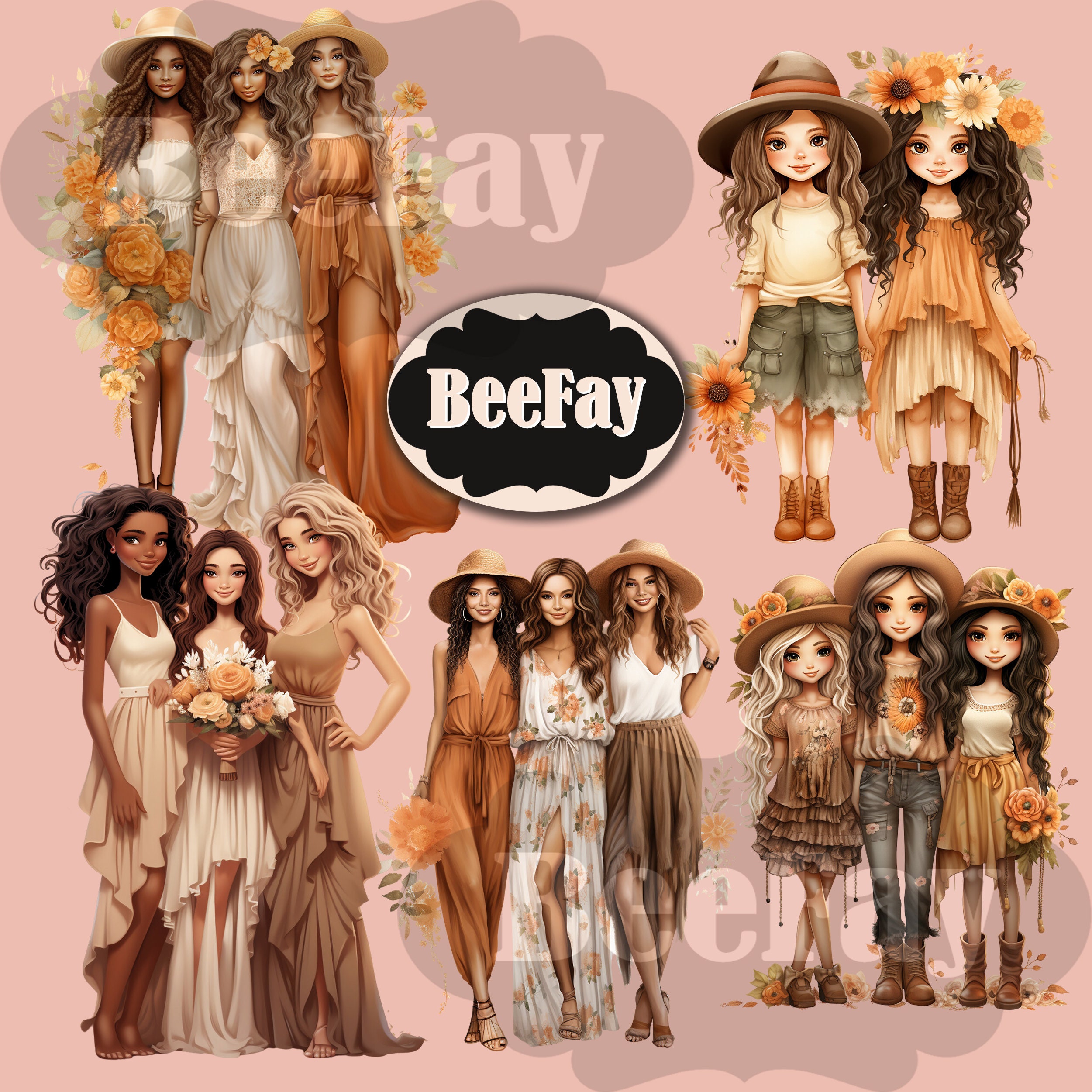 Boho Friends Clipart, Sisters PNG, Girlfriends Clipart, Best Friends ...