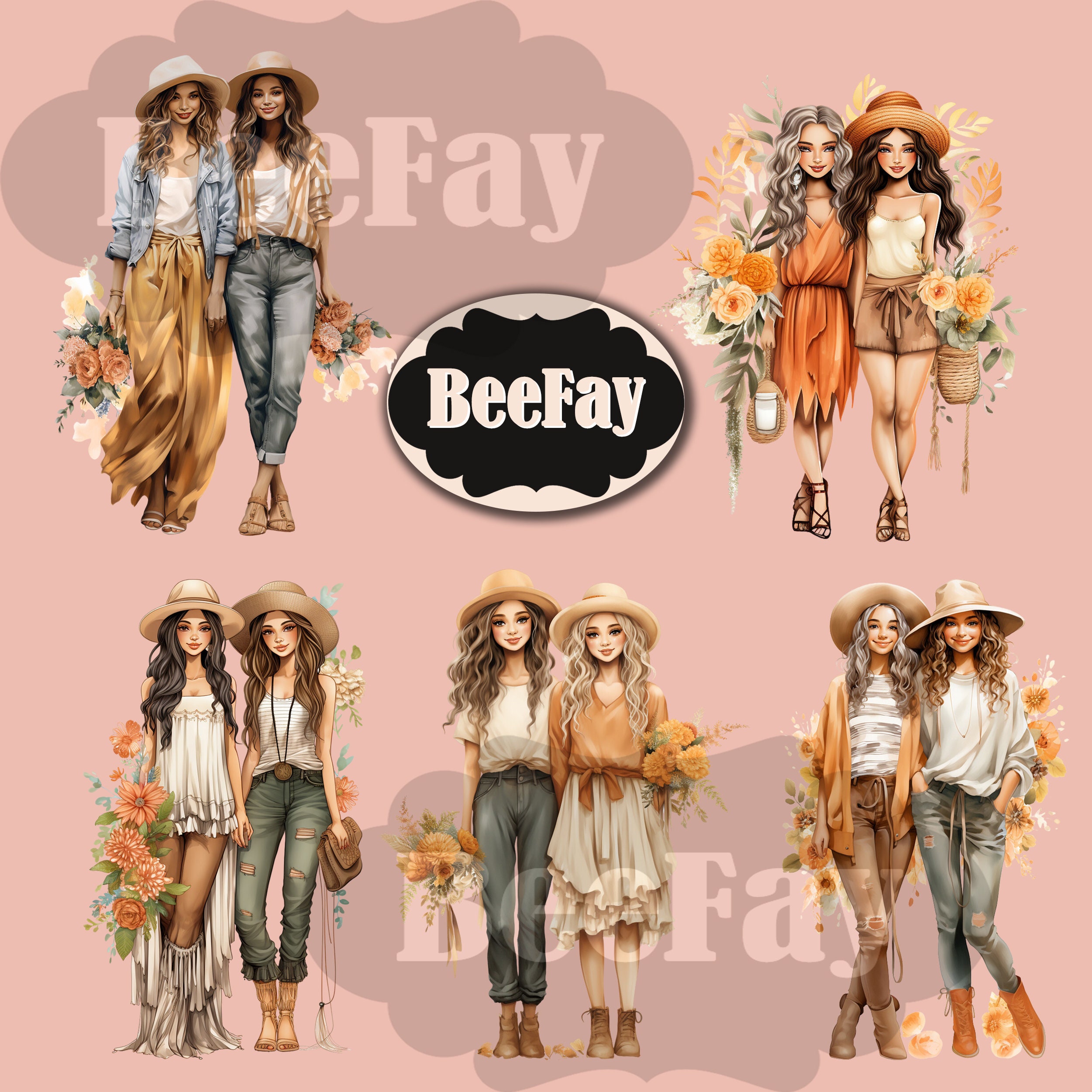 Boho Friends Clipart, Sisters PNG, Girlfriends Clipart, Best Friends ...