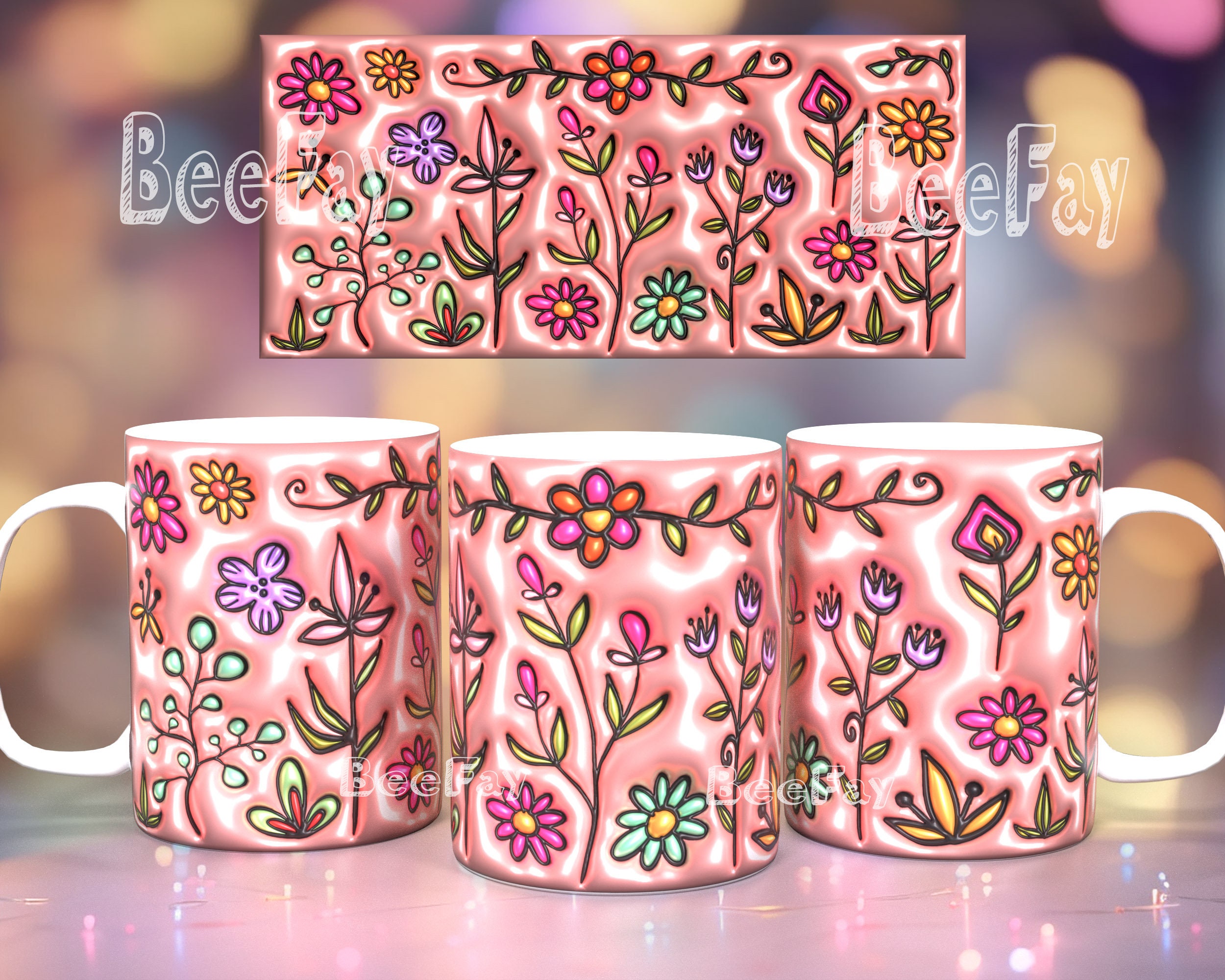 3D Puff Flower Meadow, Puffy 12oz and 15oz Ceramic Mug Wrap / PNG Mug ...