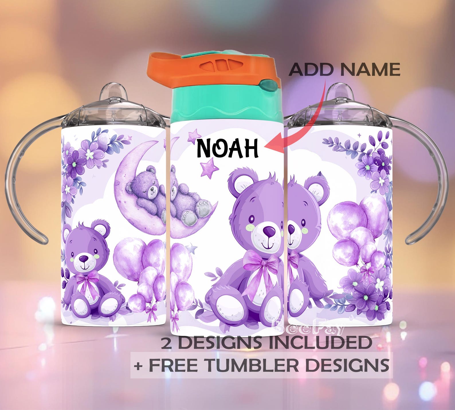 12 Oz Straight Sublimation Sippy Cup and Flip Top Wrap Purple Teddy ...
