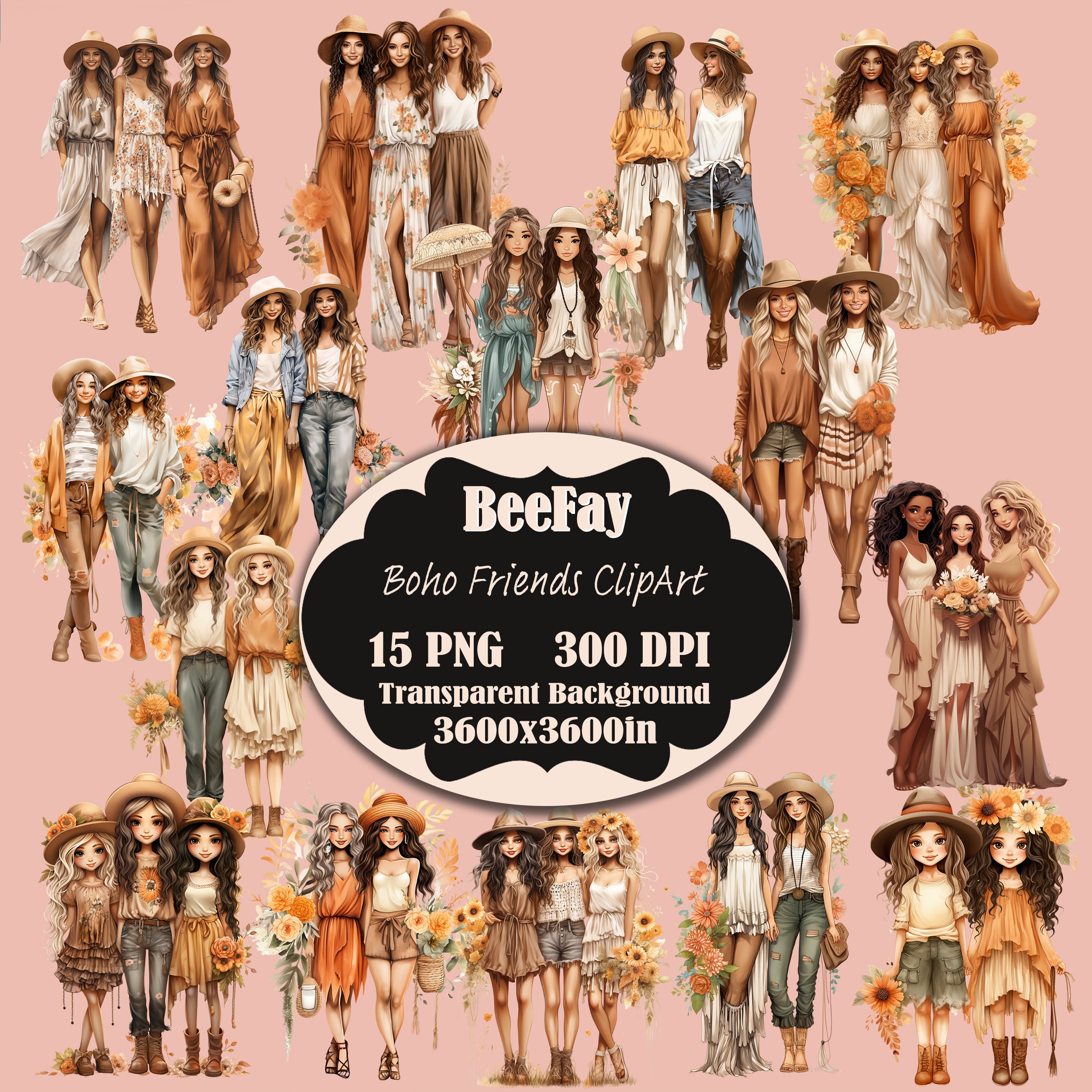 Boho Friends Clipart, Sisters PNG, Girlfriends Clipart, Best Friends ...