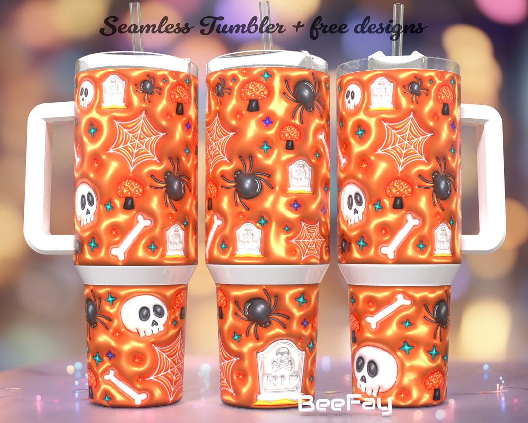 3D Puff Halloween Skull and Spider, Puffy 40 Oz Quencher Tumbler Wrap ...
