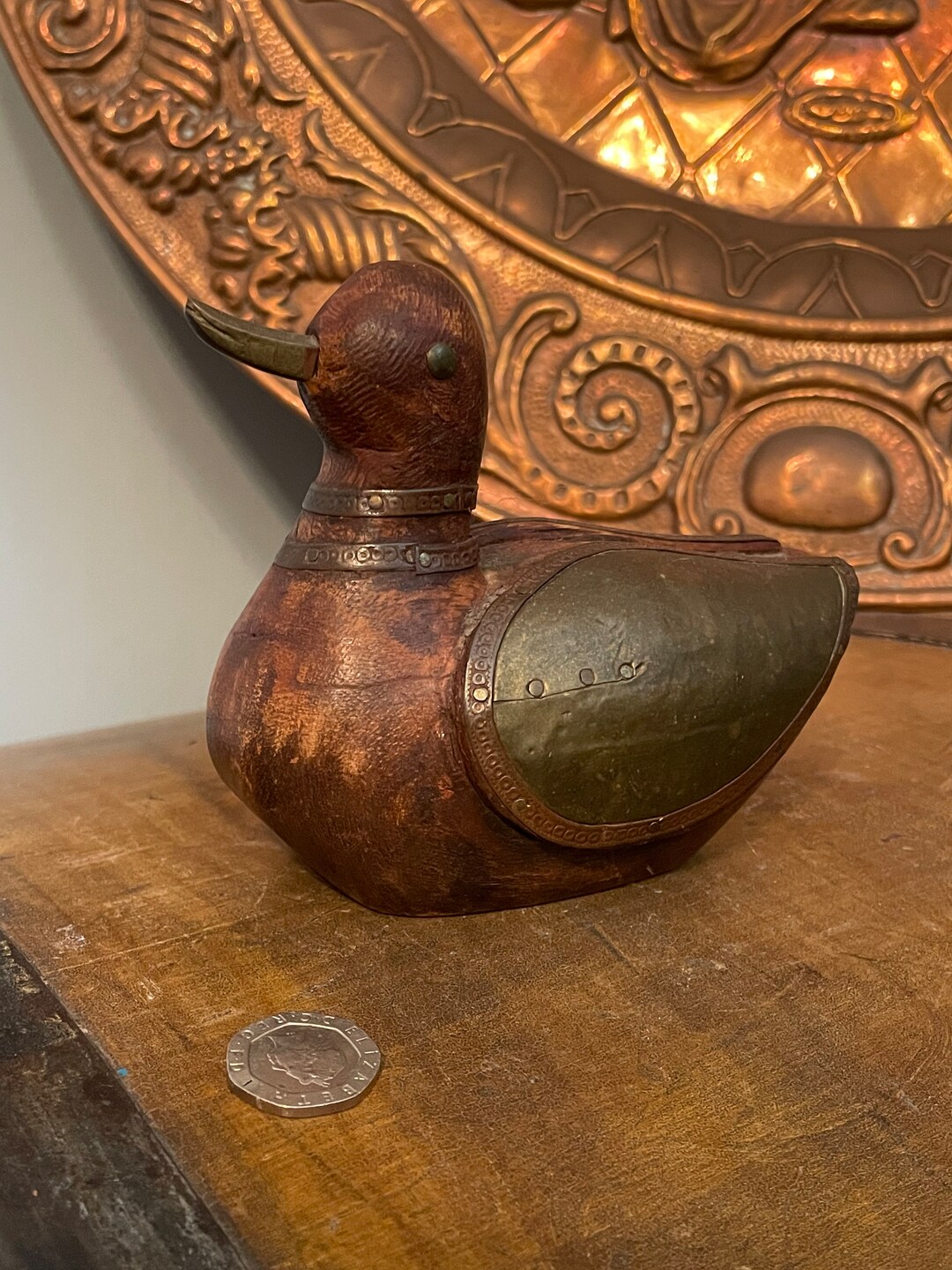 Vintage Wooden Duck Figurine Decorative Wood and Brass Mallard Duck ...