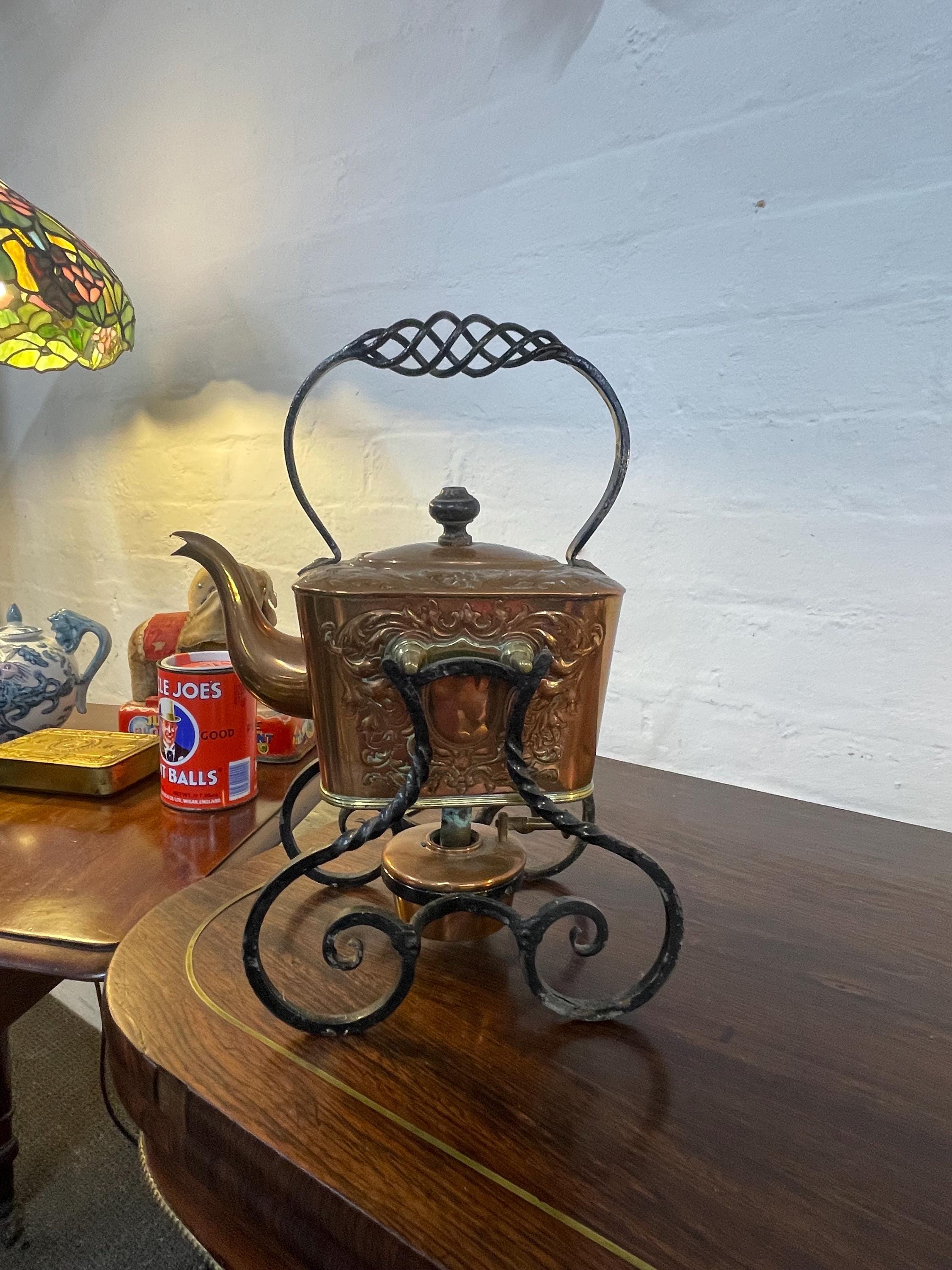 Rare Antique English Aesthetic Movt. Chased Copper Square Tea Kettle on ...