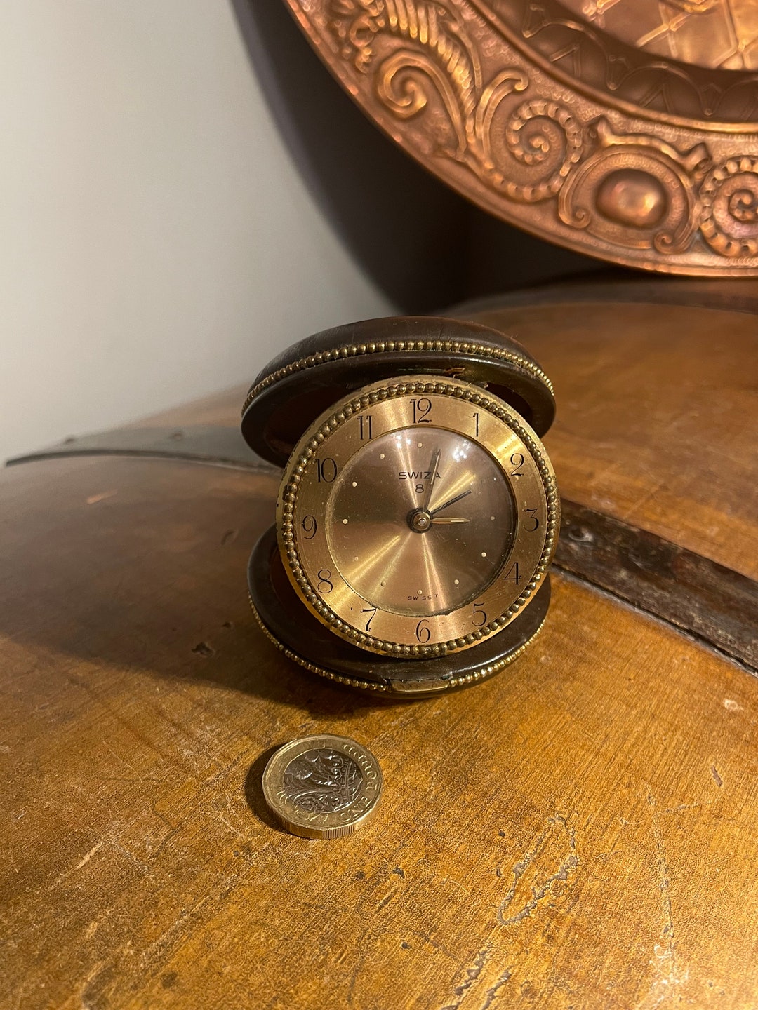 Swiza 8-day Brass Brown Leather Round Travel Clock, Wind up Swiss Made ...