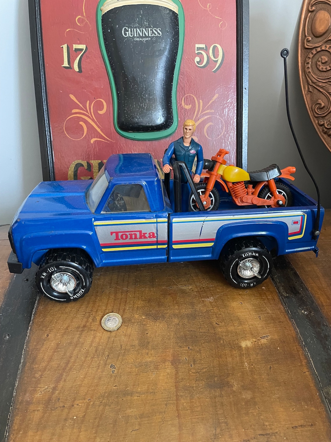 Vintage Tonka 4x4 Pickup Truck Blue Motorcycle Floor Jack Removable ...