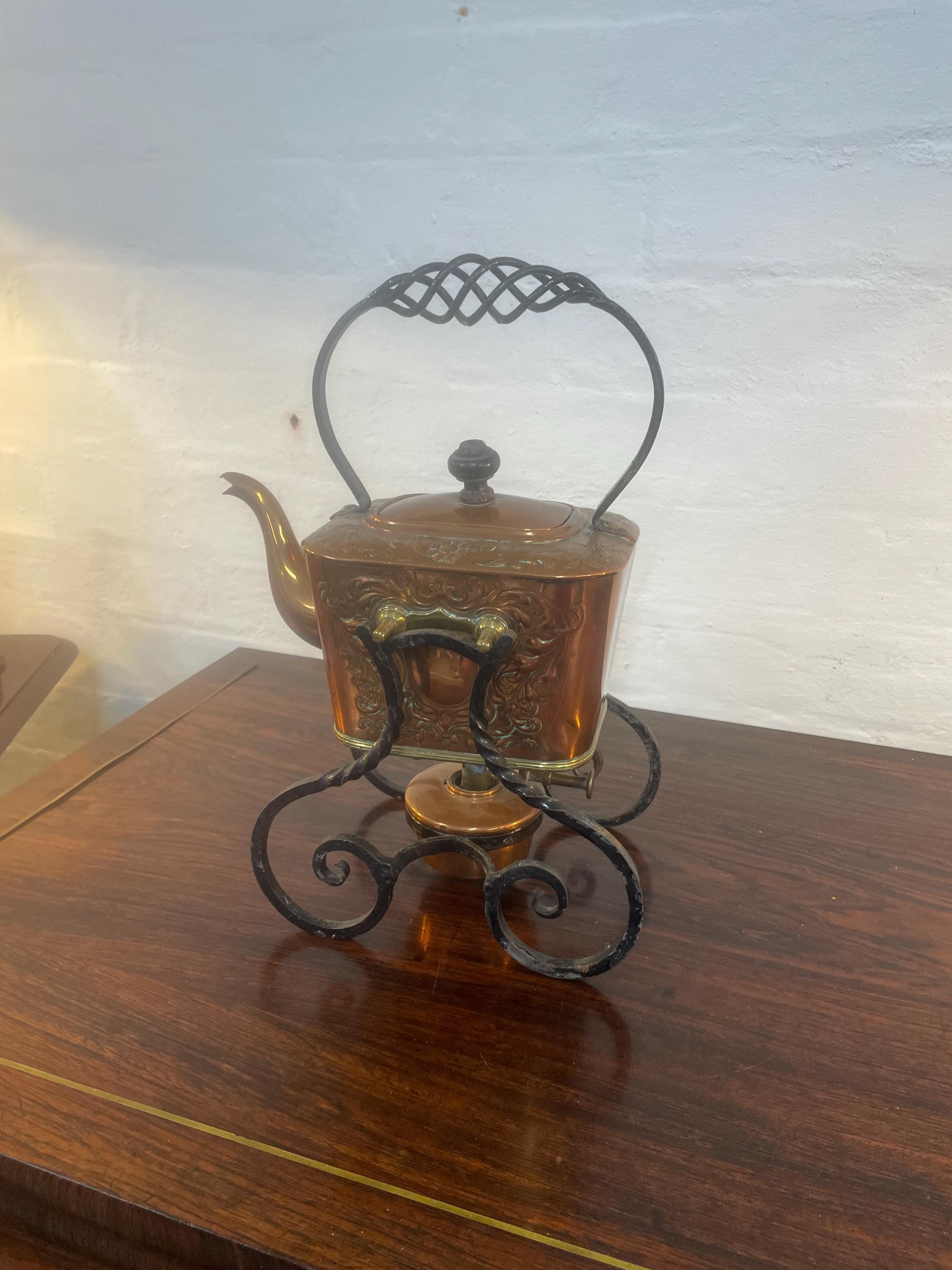 Rare Antique English Aesthetic Movt. Chased Copper Square Tea Kettle on ...