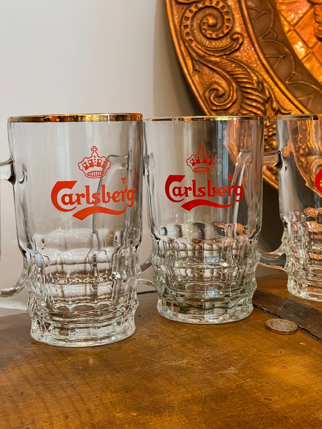 Vintage 1960s Carlsberg Beer Red Crown Logo Mug Glass W Gold Rim X