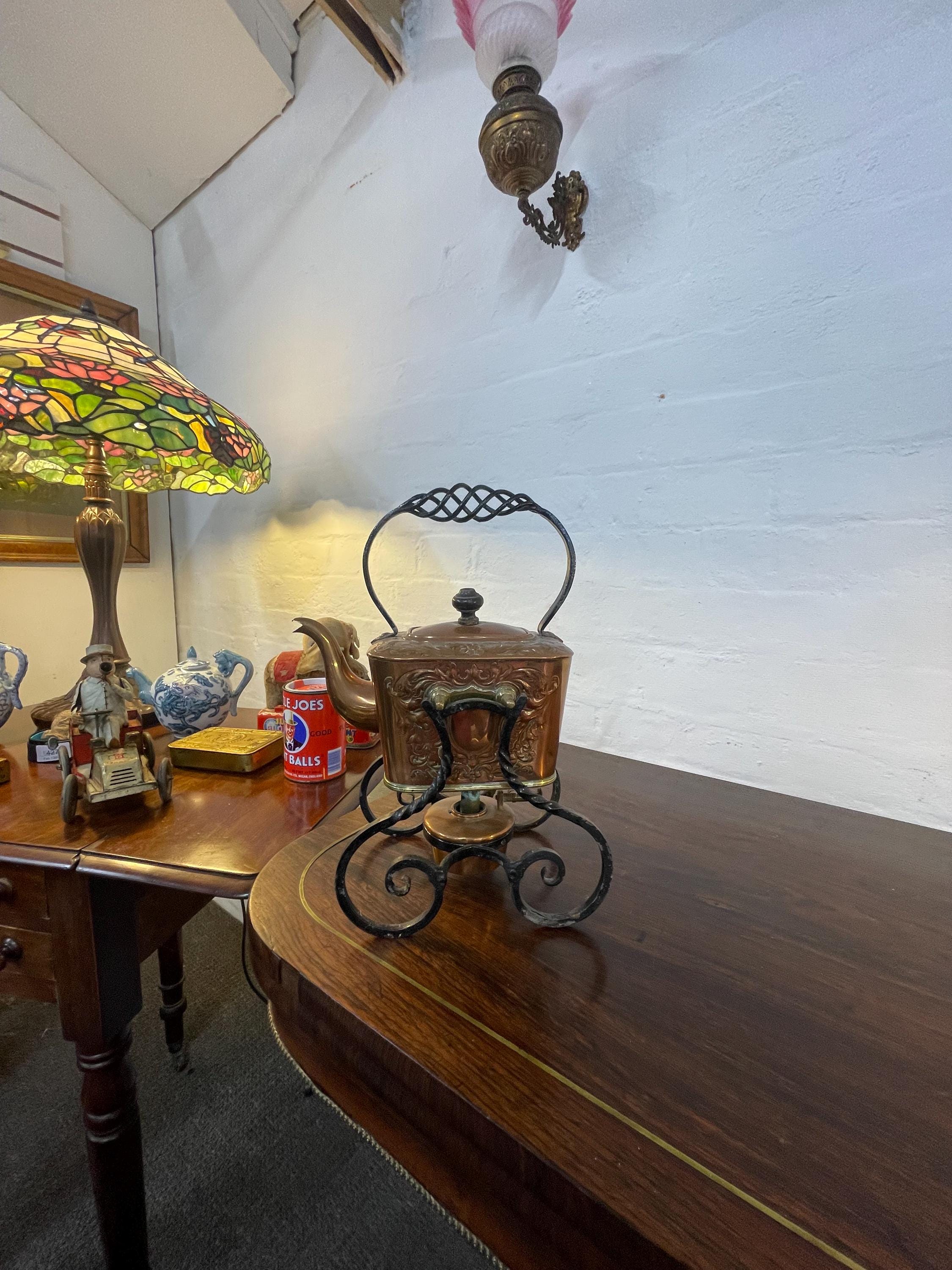 Rare Antique English Aesthetic Movt. Chased Copper Square Tea Kettle on ...