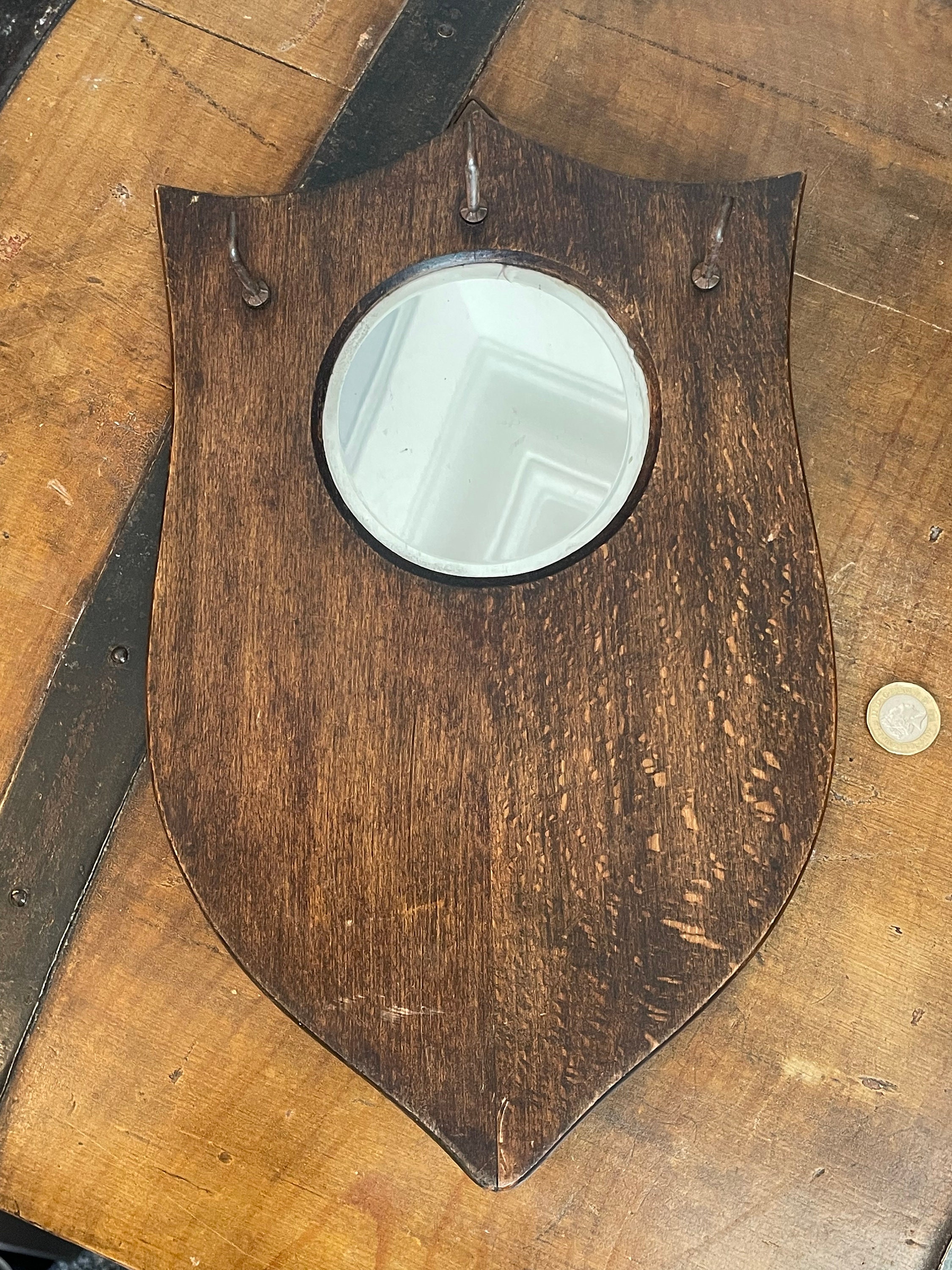 Antique Edwardian English Oak Shield Shaped Bevelled Mirror With Hat ...