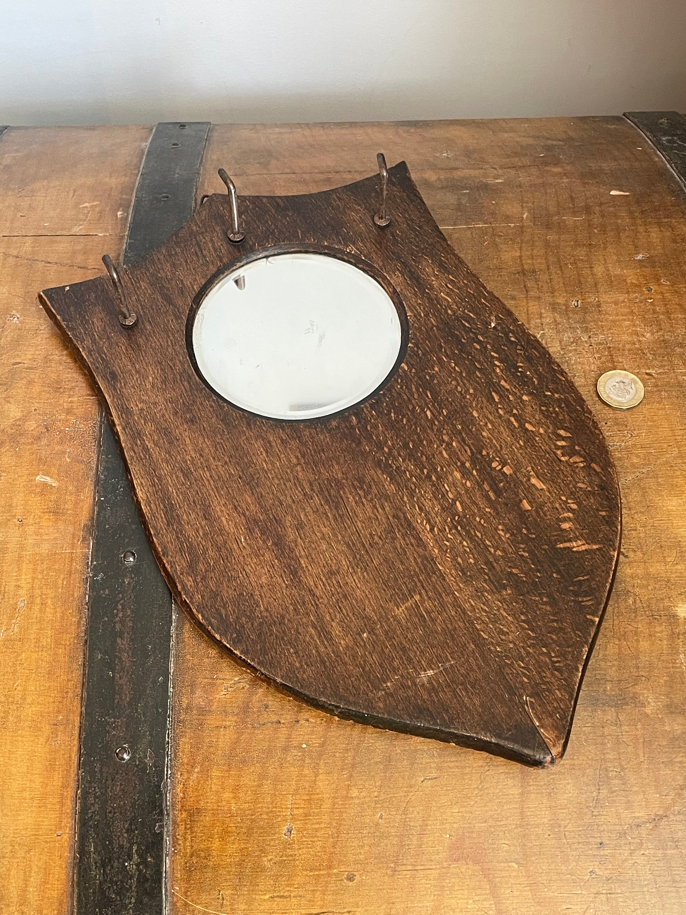 Antique Edwardian English Oak Shield Shaped Bevelled Mirror With Hat ...