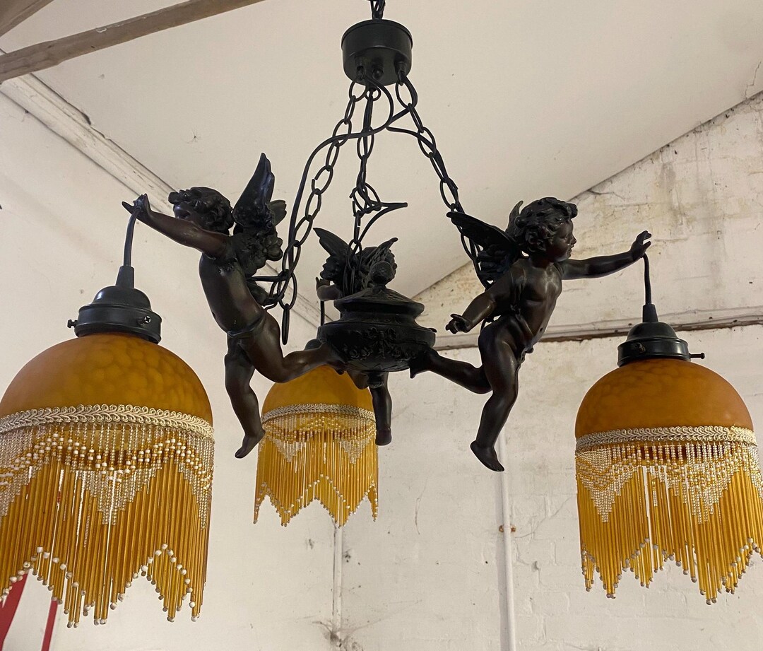 Vintage Bronze Cherub Angle Light Fixture Chandelier, Glass Tassels. - Etsy