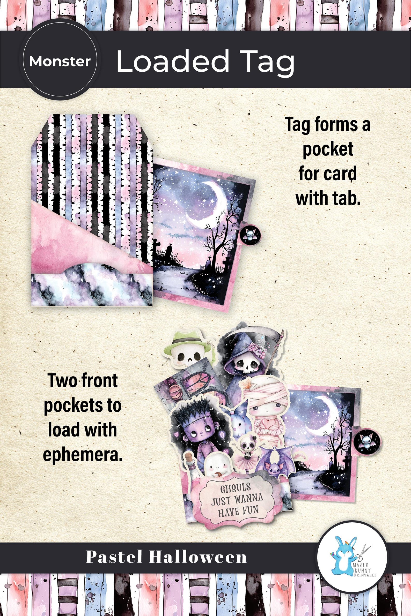 Monster Pastel Halloween Loaded Tag Printable | Junk Journal Pocket Tag ...