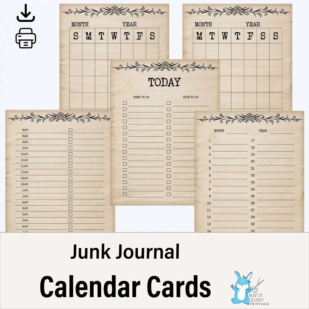 Journal Calendar Cards, ATC Calendar, Undated, Monday Sunday Start ...
