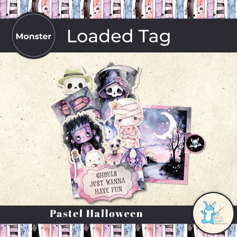 Monster Pastel Halloween Loaded Tag Printable | Junk Journal Pocket Tag ...