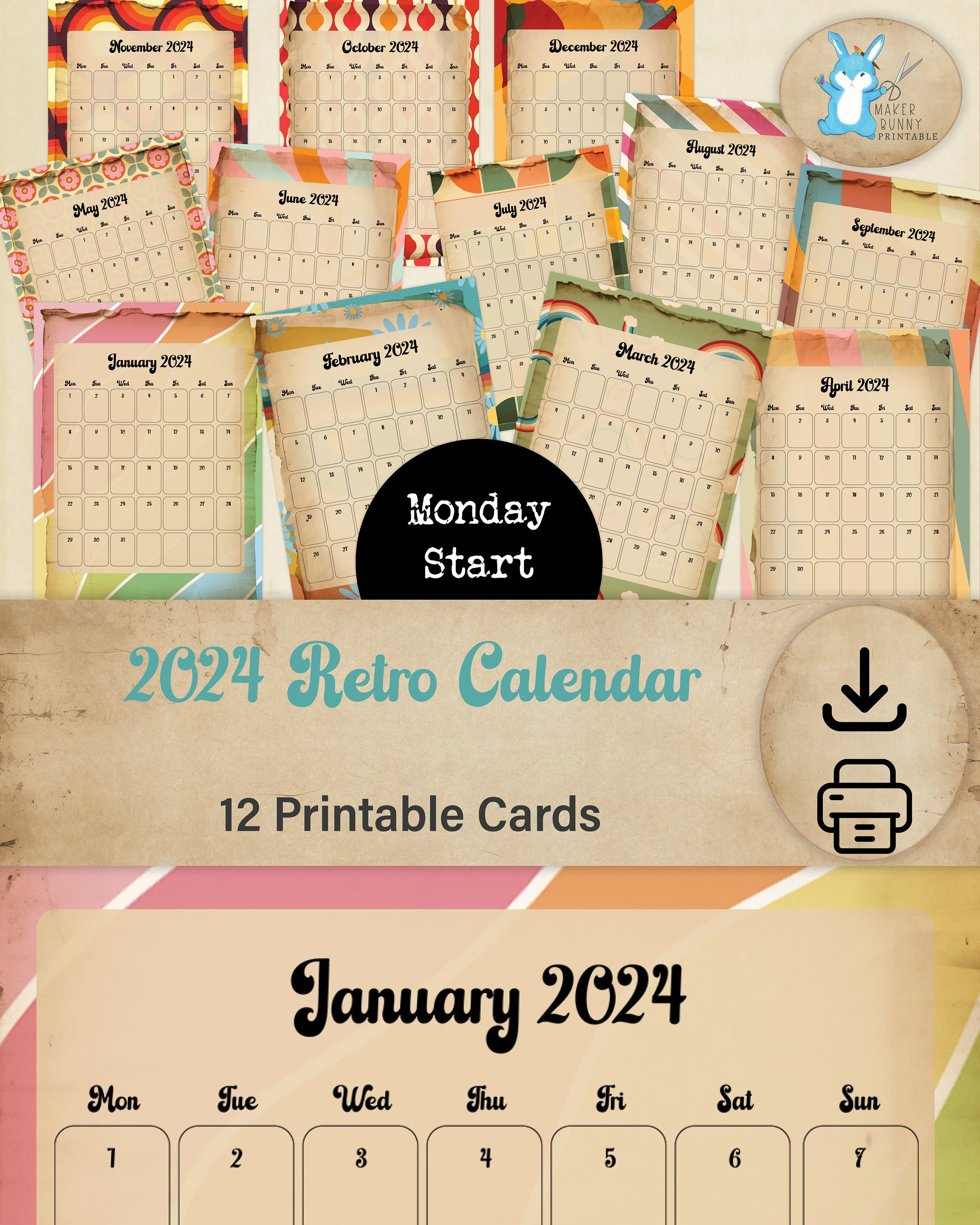 Retro 70's Vintage Style 2024 Calendar Cards With Monday Start, 12 ...