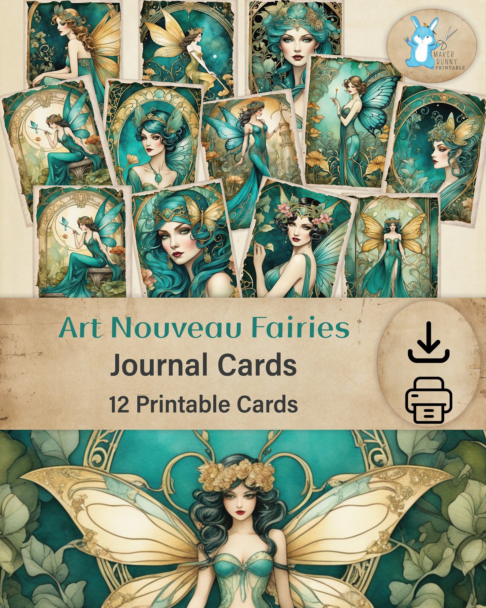 Art Nouveau Fairies, 12 Printable Cards, Junk Journal Ephemera ...