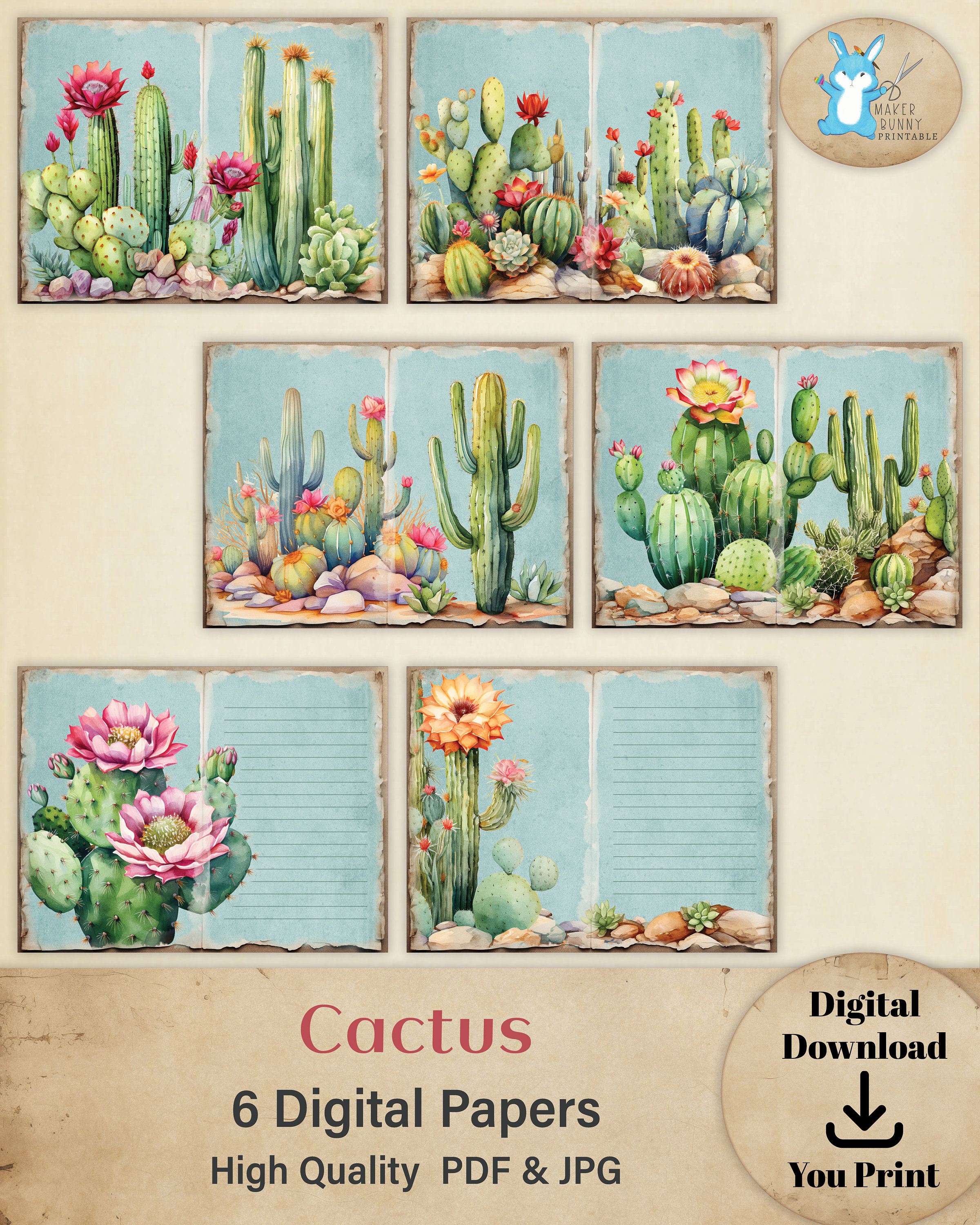 Cactus Junk Journal Pages, Printable Digital Download Papers ...