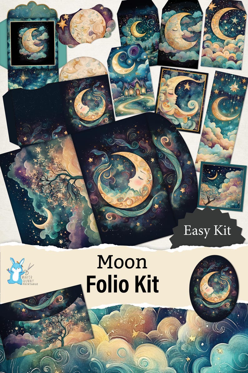 Whimsical Moon Junk Journal Folio Kit, Celestial, Night, Ephemera, Printable Folio, Digital ...
