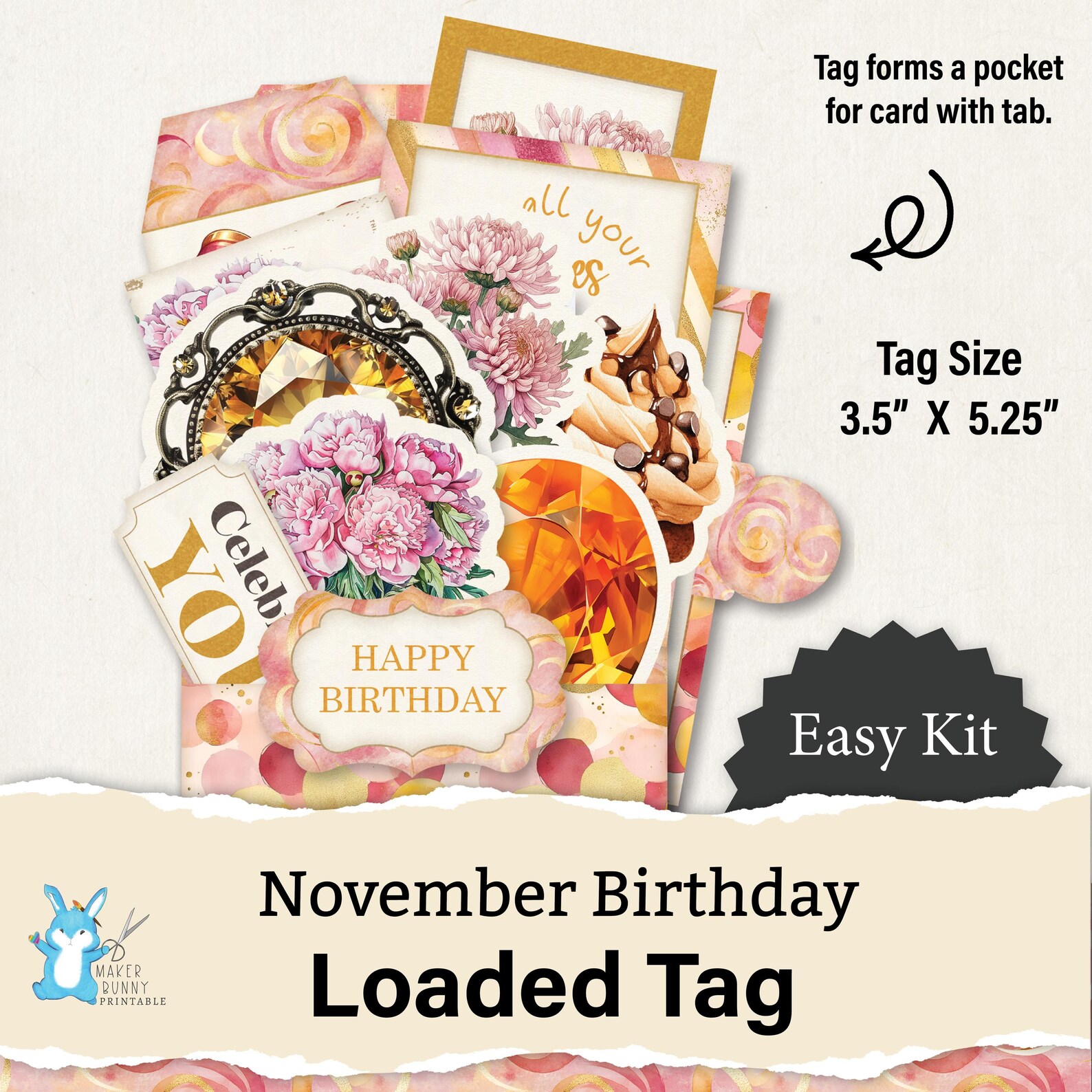 Loaded Tag, Pocket Tag, November Birthday, Birthstone + Flower, Paper ...