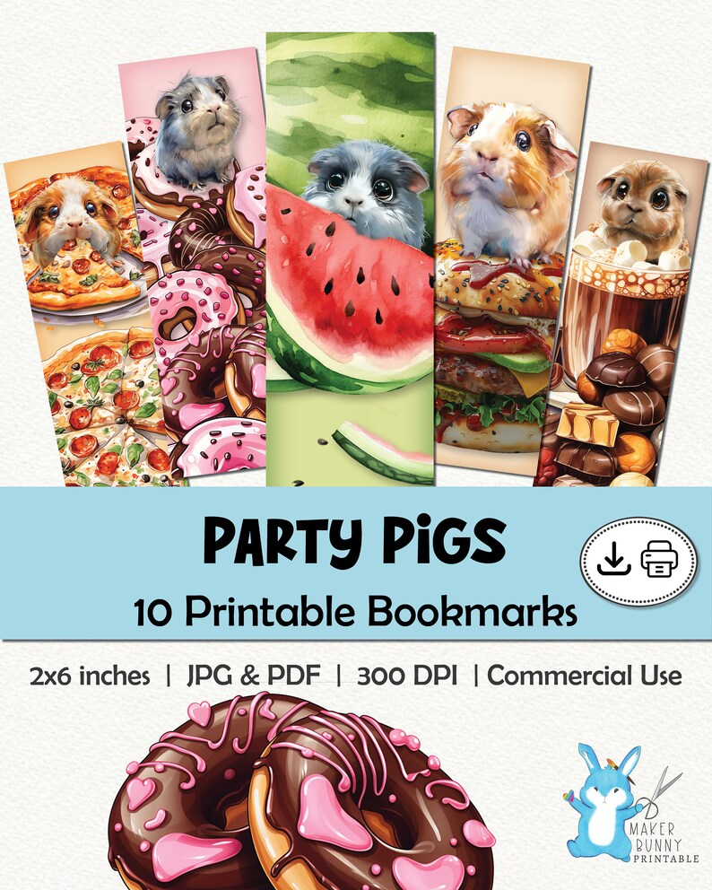 Party Pigs Bookmark, Printable Digital Download PDF and JPG, Guinea Pig ...