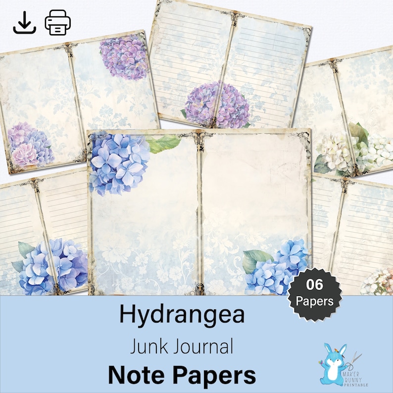 Note Paper - Junk Journal Lined + Blank, Shabby Chic Hydrangea, Blue ...