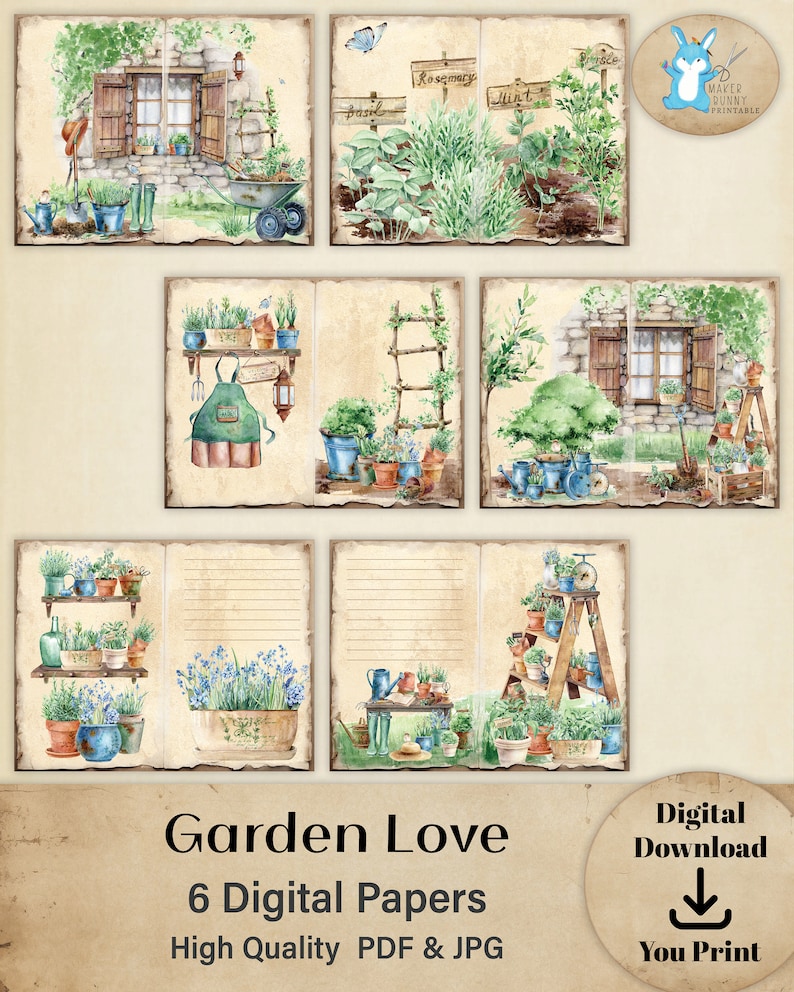Garden Love Junk Journal Pages, Printable Digital Download Papers ...