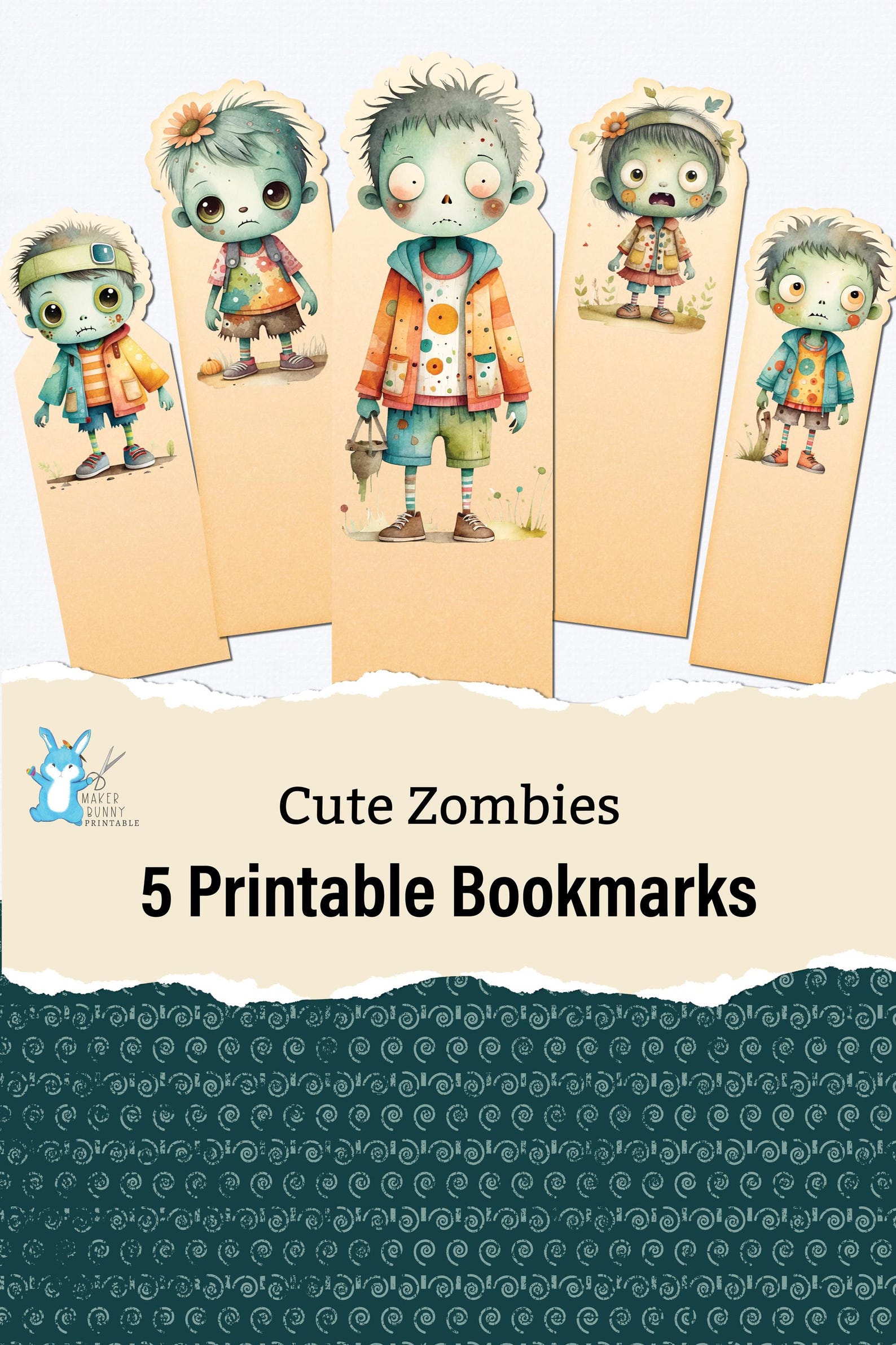 Cute Zombie Bookmarks, Halloween, Children, Printable Digital Download ...