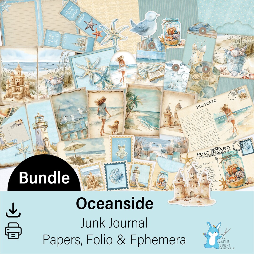 Junk Journal Bundle - Oceanside - Beachy Seashells Starfish Sandcastle, Printable Digital ...
