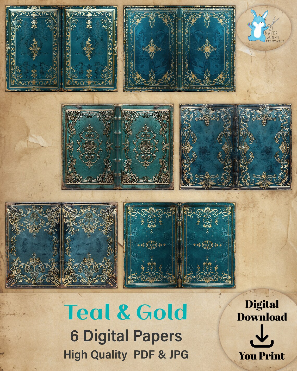 Ornate Gold and Teal Covers, Junk Journal Printable, Digital Download ...
