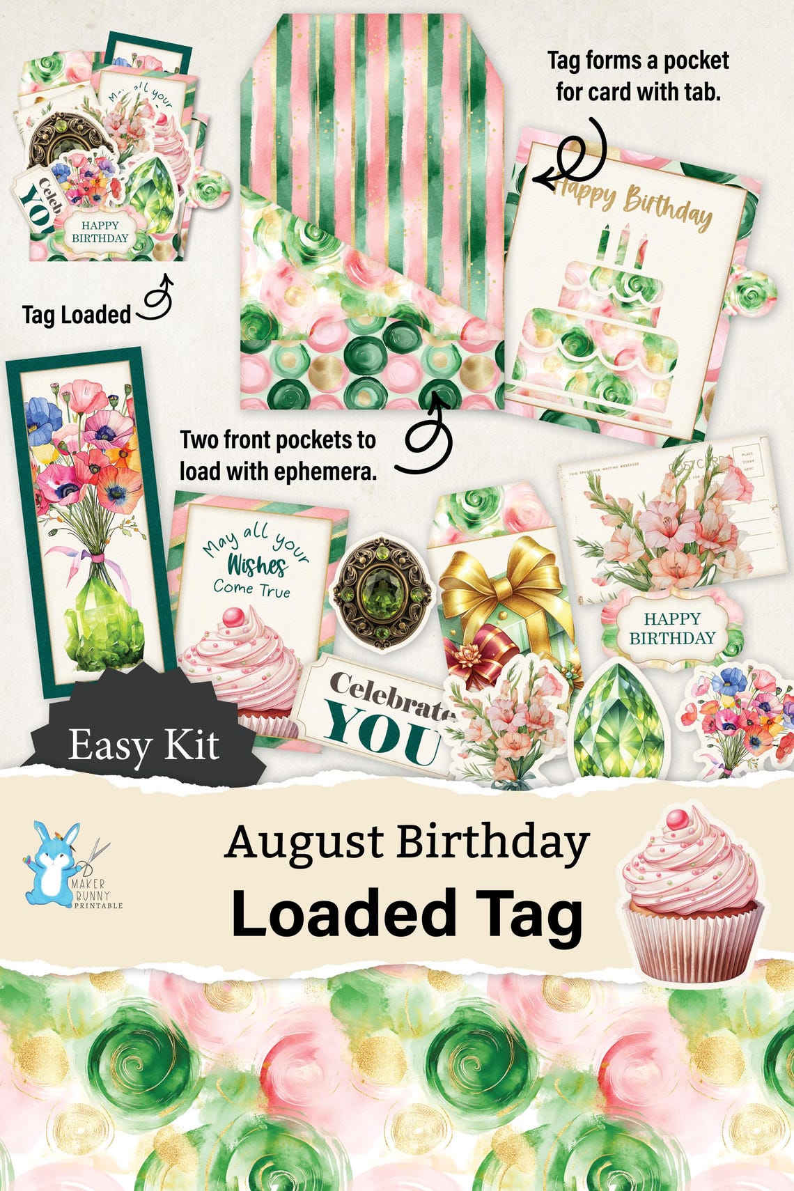 Loaded Tag, Pocket Tag, August Birthday, Birthstone + Flowers, Paper ...