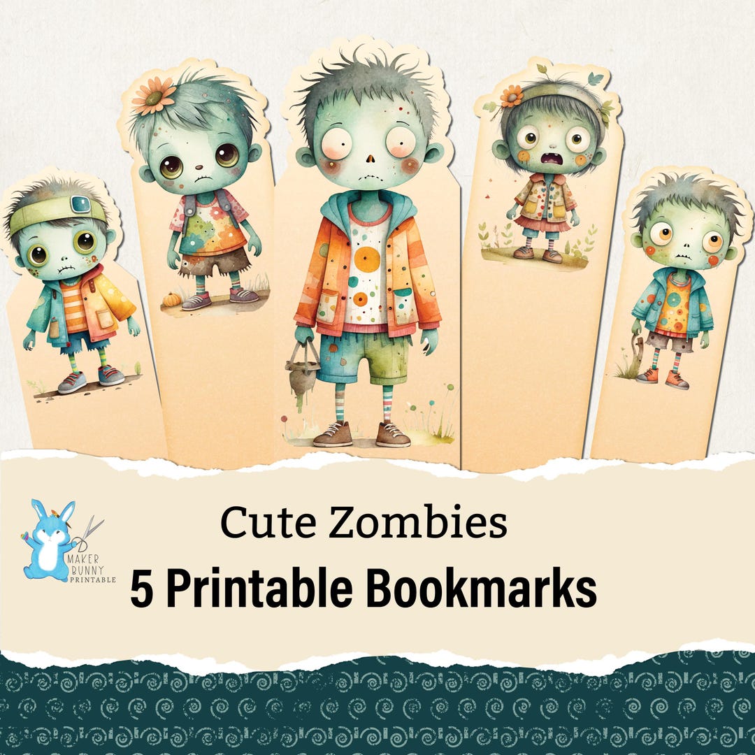 Cute Zombie Bookmarks, Halloween, Children, Printable Digital Download ...