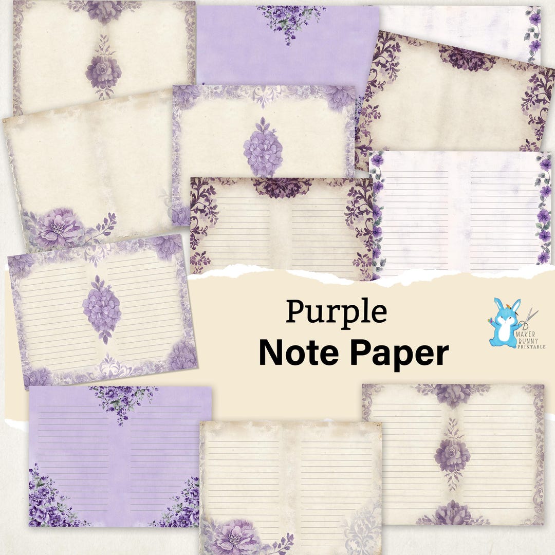Note Paper - Junk Journal Lined + Blank, Purple + Lavender, Flowers ...
