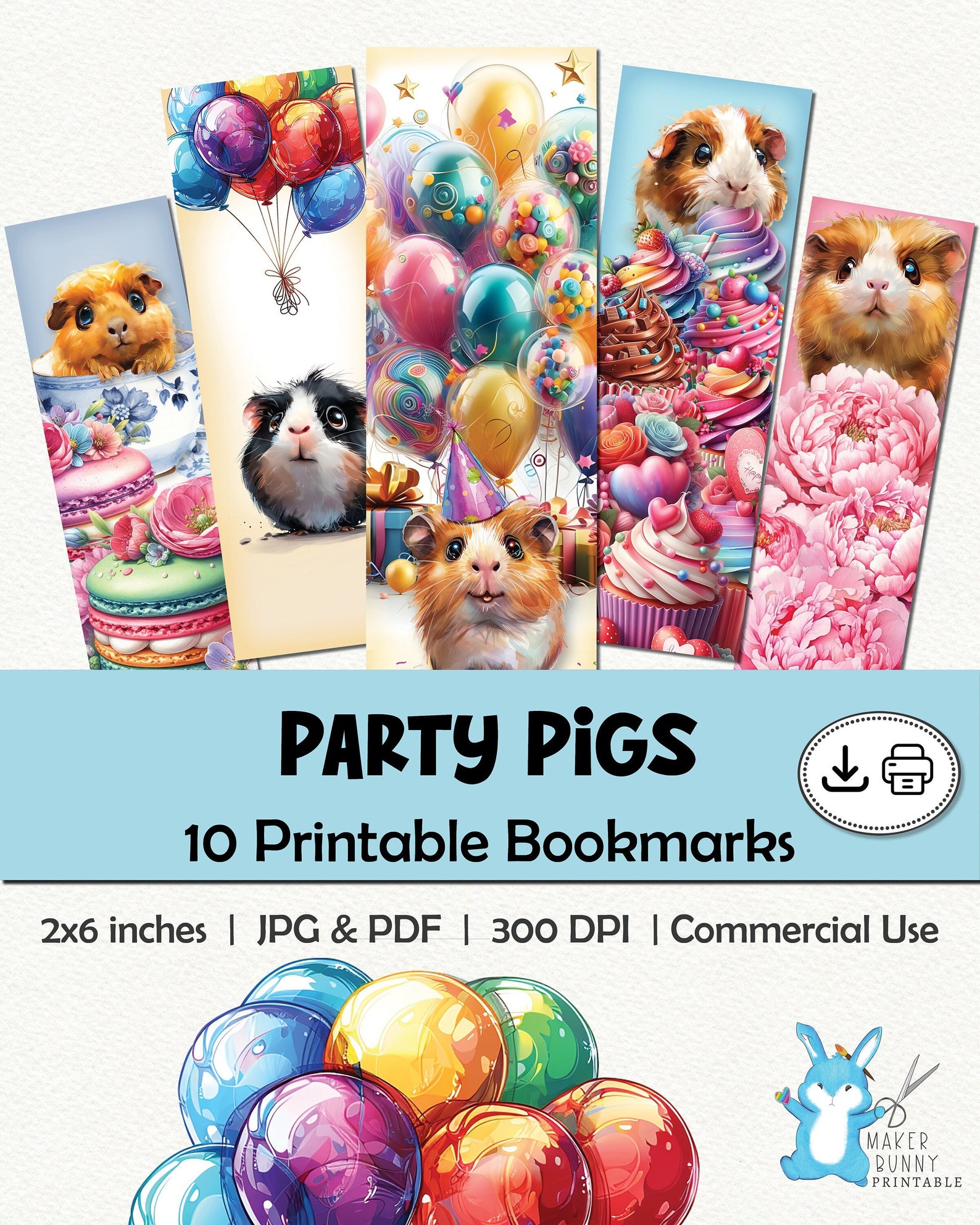Party Pigs Bookmark, Printable Digital Download PDF and JPG, Guinea Pig ...