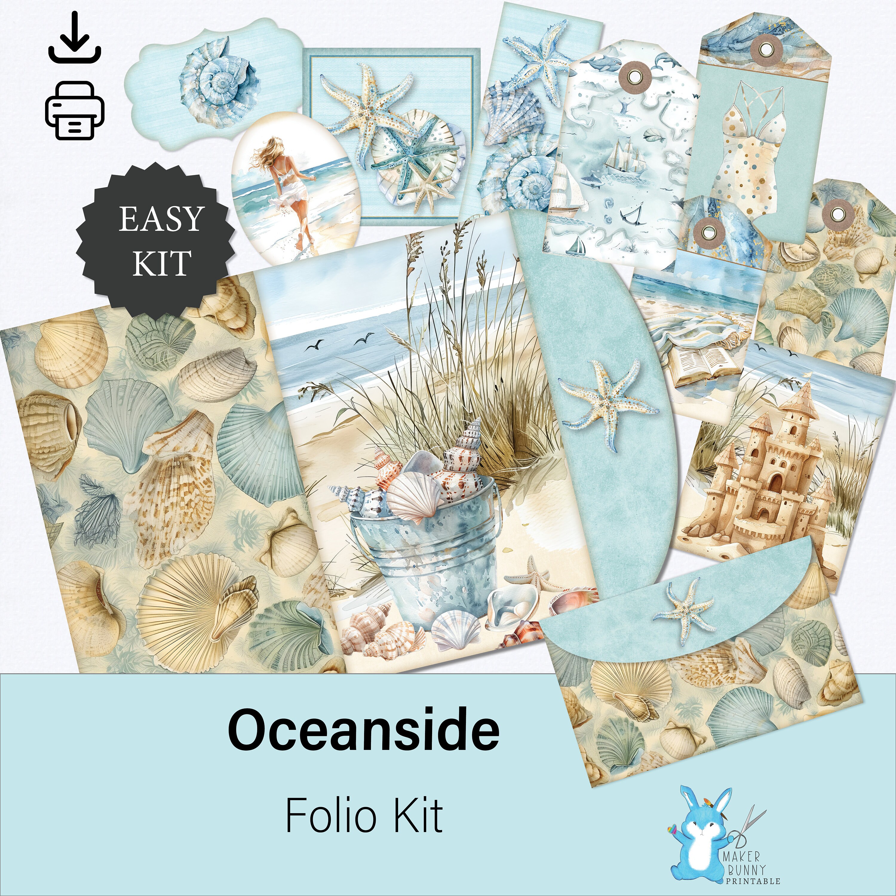 Junk Journal Bundle - Oceanside - Beachy Seashells Starfish Sandcastle, Printable Digital ...