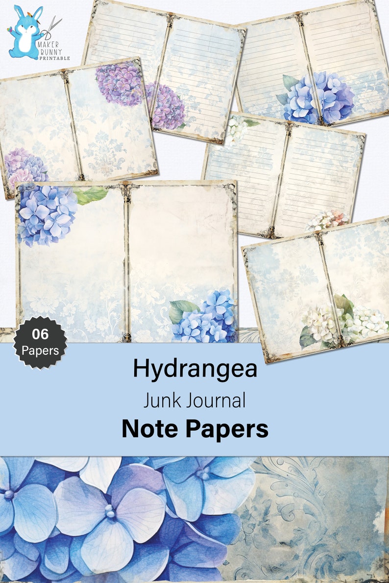Note Paper - Junk Journal Lined + Blank, Shabby Chic Hydrangea, Blue ...