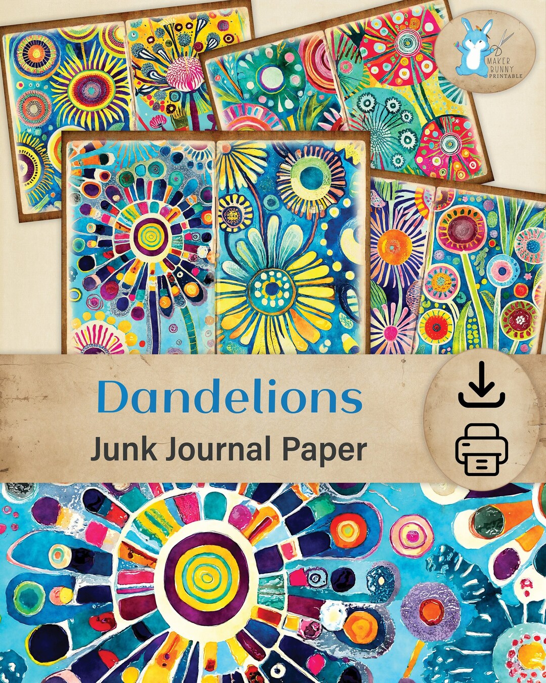 Maximalist Dandelion Junk Journal Pages, Colorful Paper Printable ...