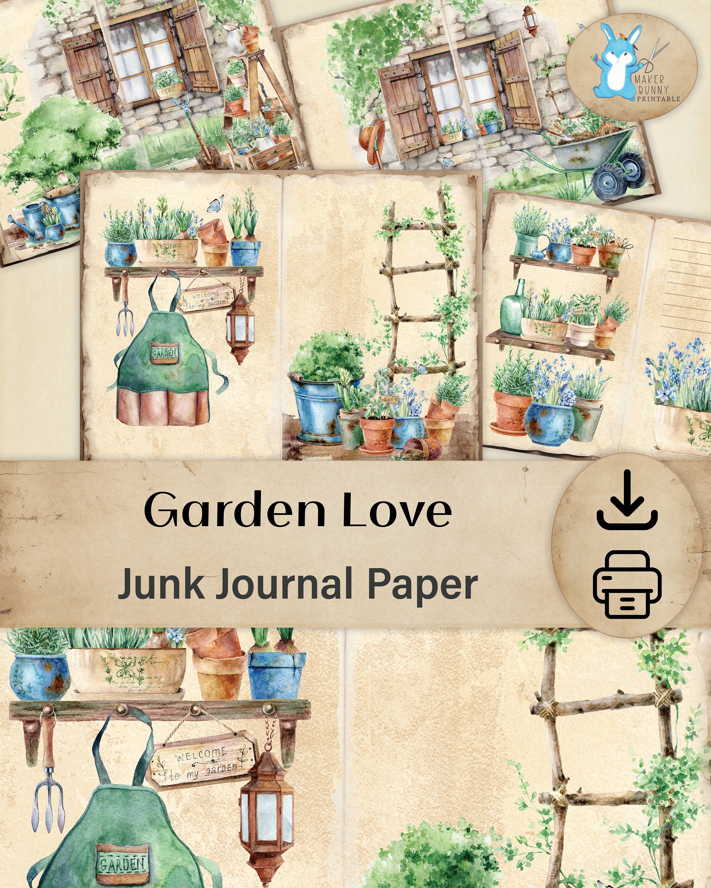 Garden Love Junk Journal Pages, Printable Digital Download Papers ...