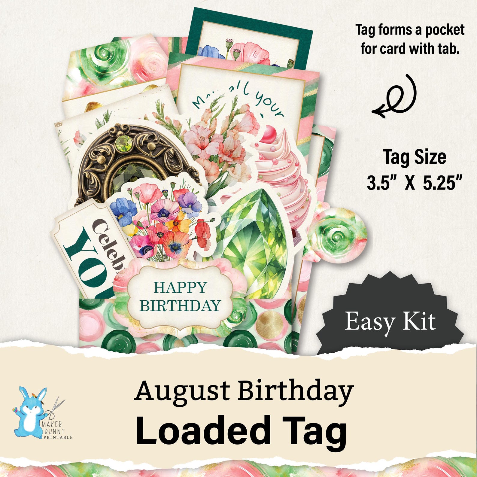 Loaded Tag, Pocket Tag, August Birthday, Birthstone + Flowers, Paper ...