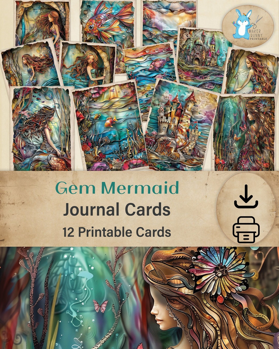 Gem Mermaids 12 Printable Ephemera Cards, Mythical Mermaids in Mixed ...
