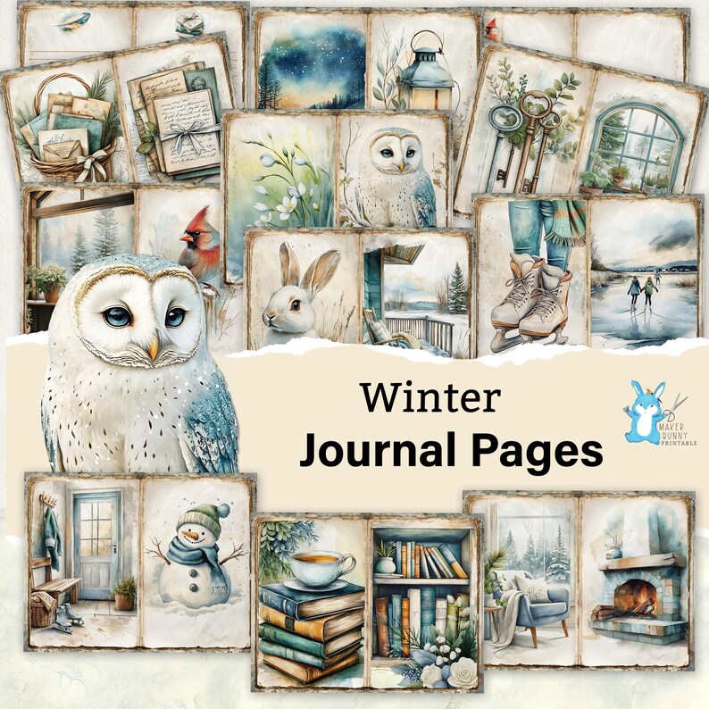 Winter Junk Journal Pages, Winter Wonderland, Ice Skating, Owl + Bunny ...