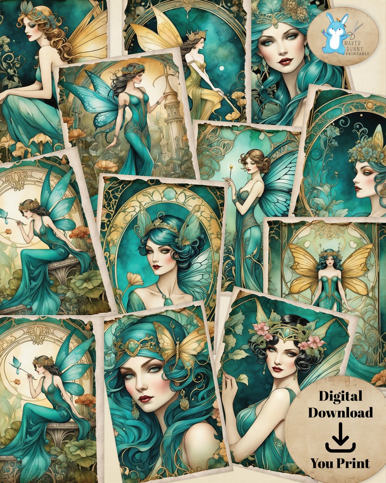 Art Nouveau Fairies, 12 Printable Cards, Junk Journal Ephemera ...