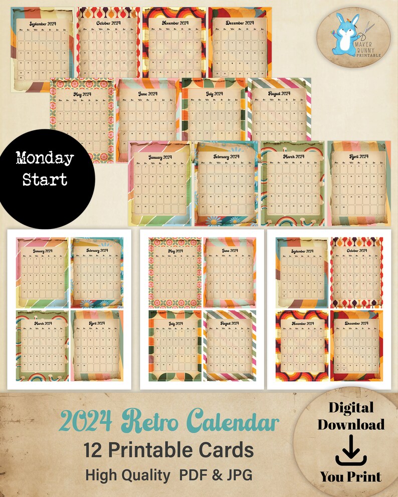 Retro 70's Vintage Style 2024 Calendar Cards With Monday Start, 12 ...