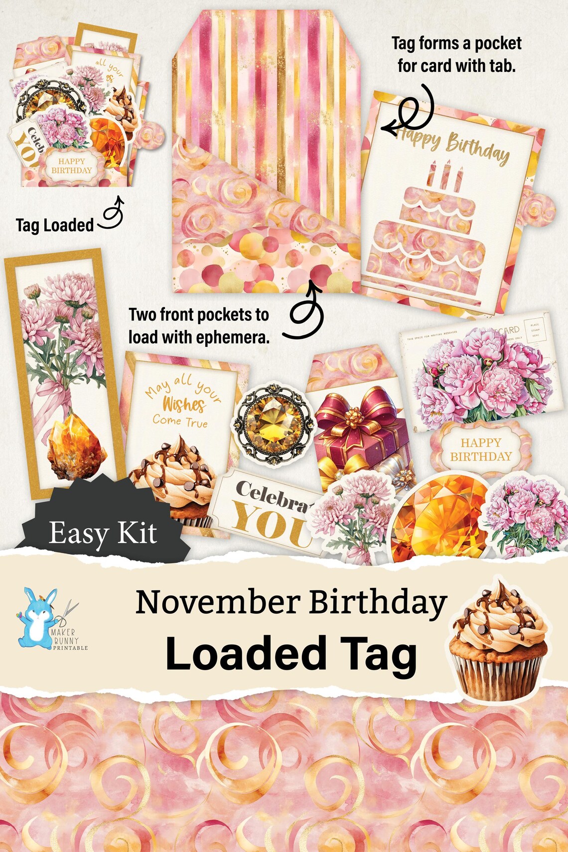 Loaded Tag, Pocket Tag, November Birthday, Birthstone + Flower, Paper ...