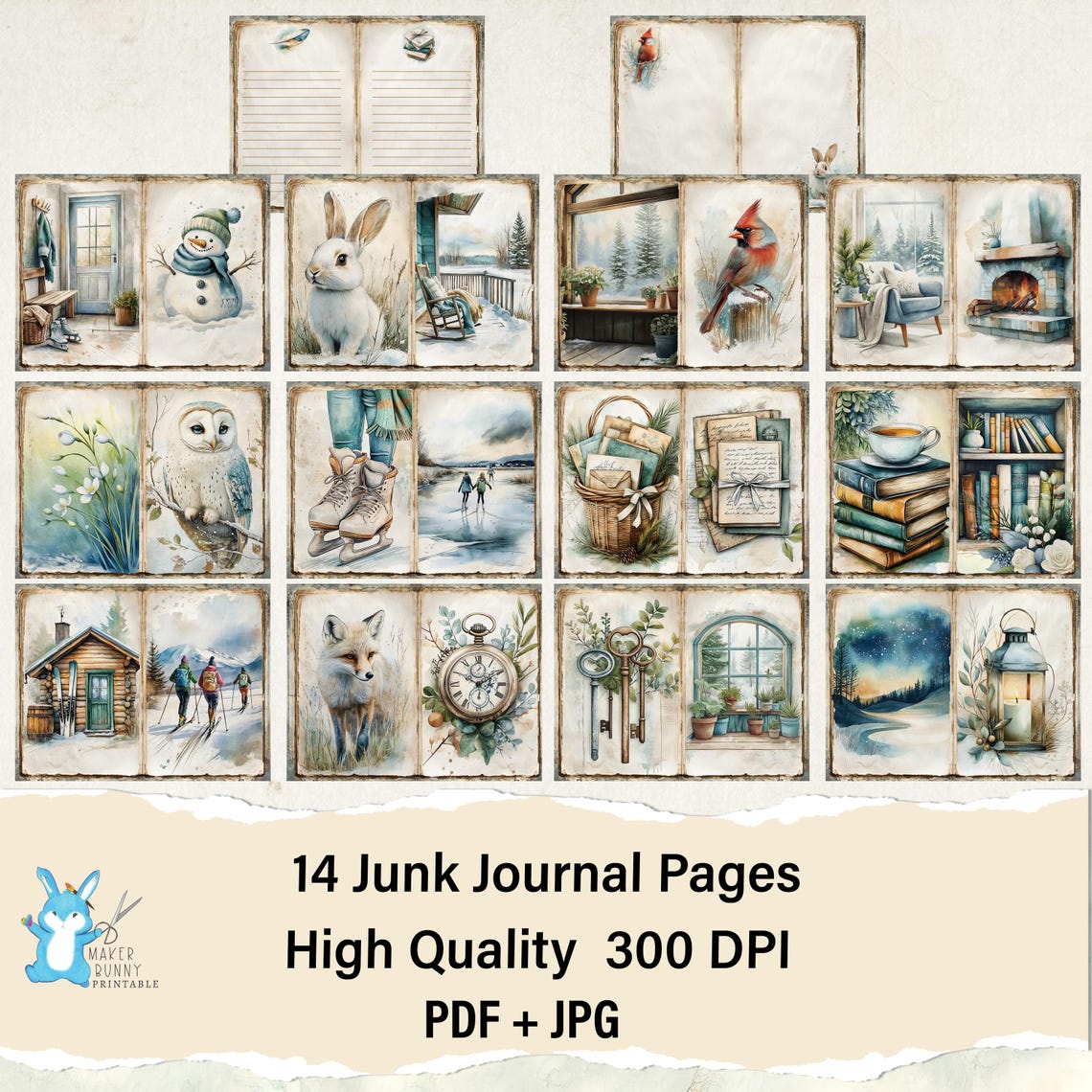 Winter Junk Journal Pages, Winter Wonderland, Ice Skating, Owl + Bunny ...