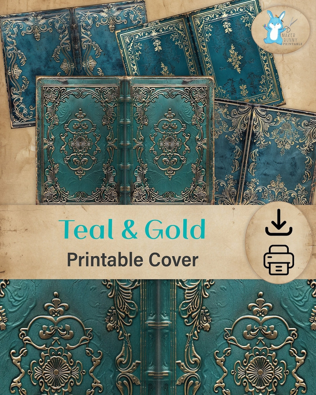 Ornate Gold and Teal Covers, Junk Journal Printable, Digital Download ...